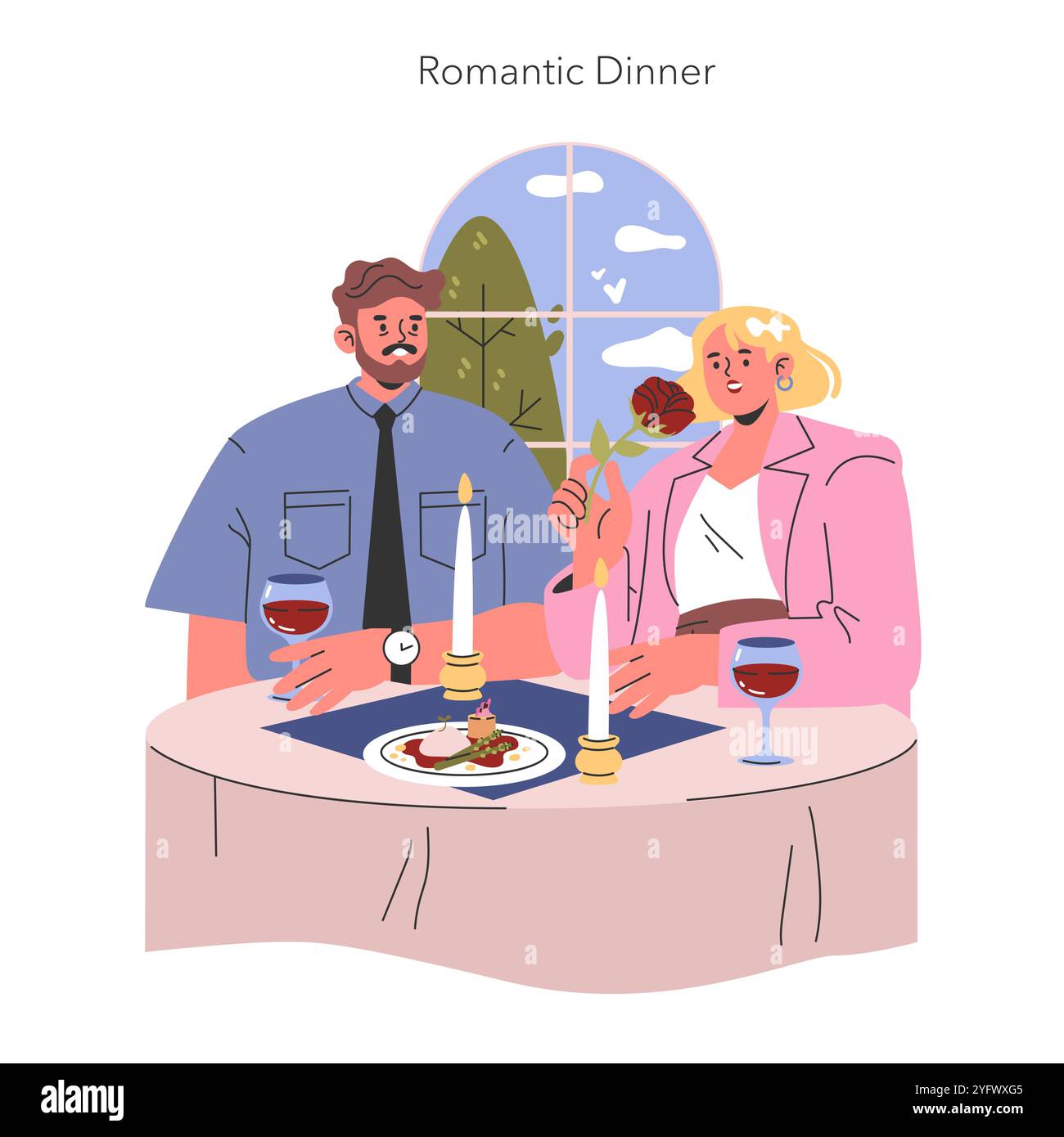 Romantic dinner concept. A couple enjoys a candlelit meal with wine ...