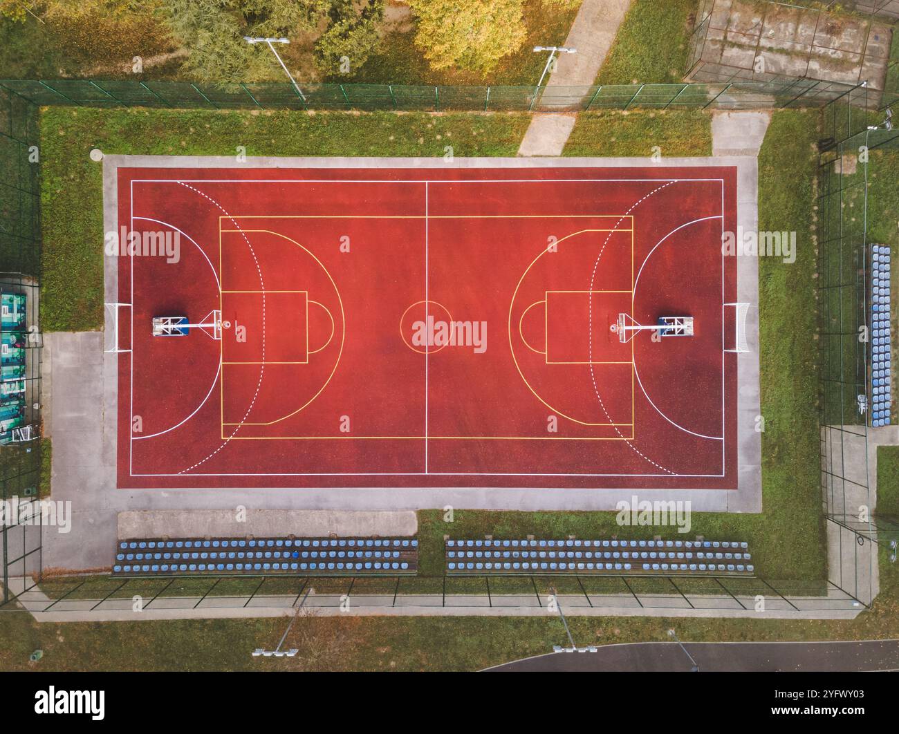 Red Basketball Court View From Above. Basketball field with white lines ...