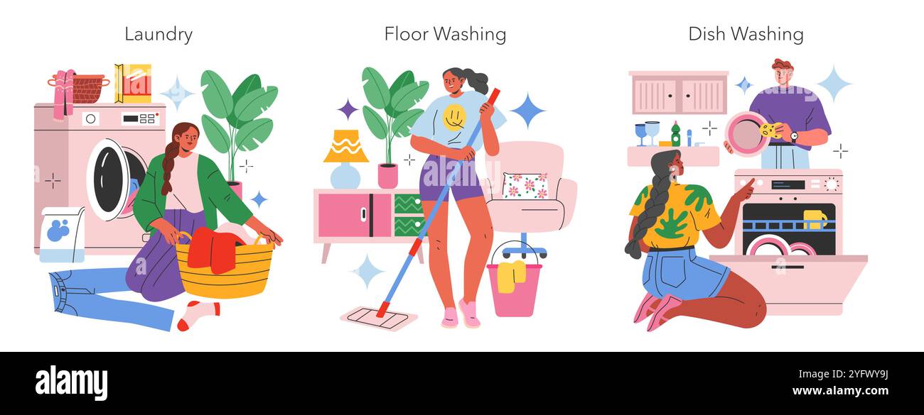 House Cleaning set. Activities of laundry, floor washing, dish washing ...