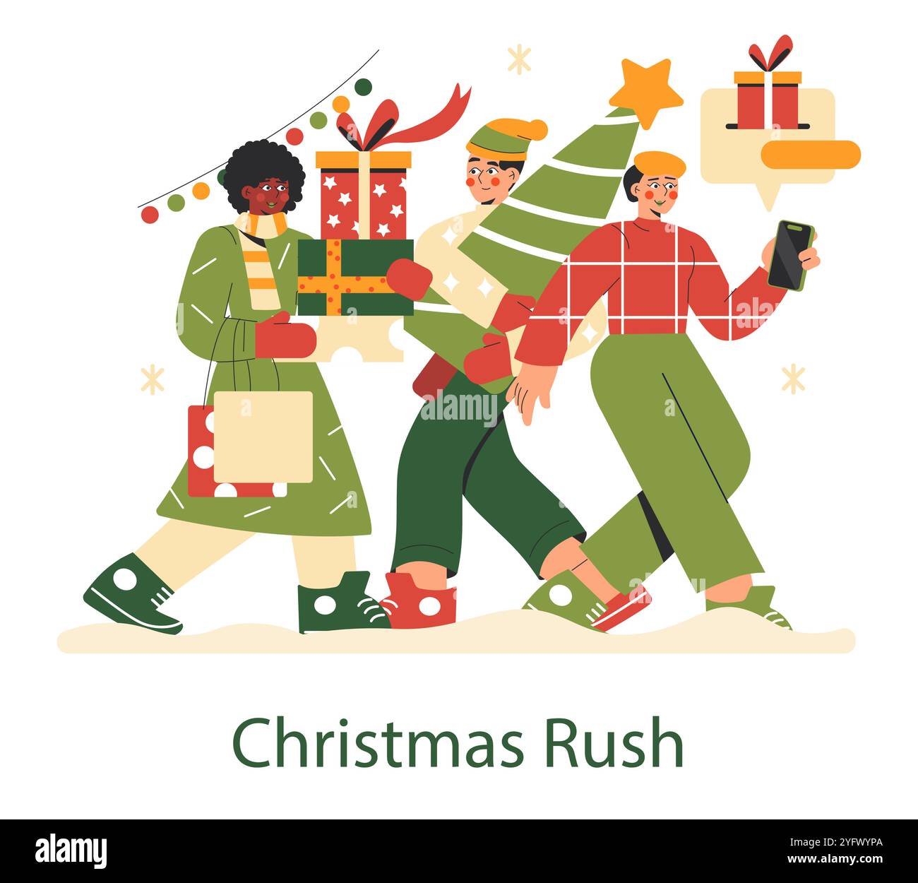 Christmas Rush concept. Festive holiday shopping frenzy illustrated ...