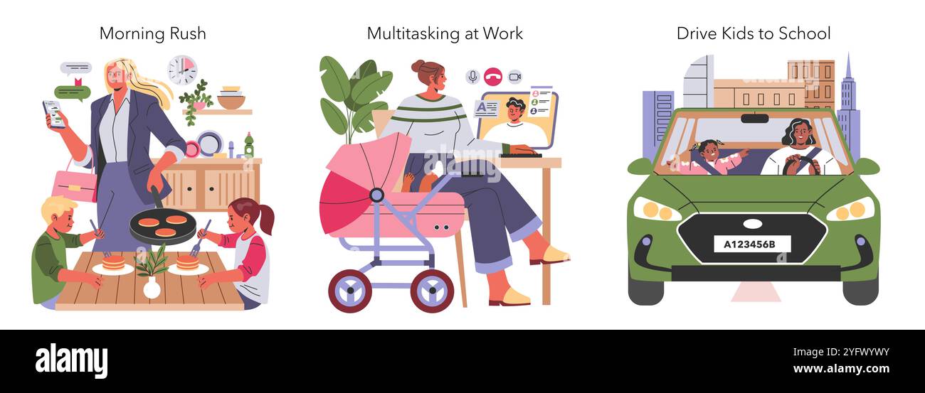 Working Mom Life set. Balancing family duties with career as mother ...