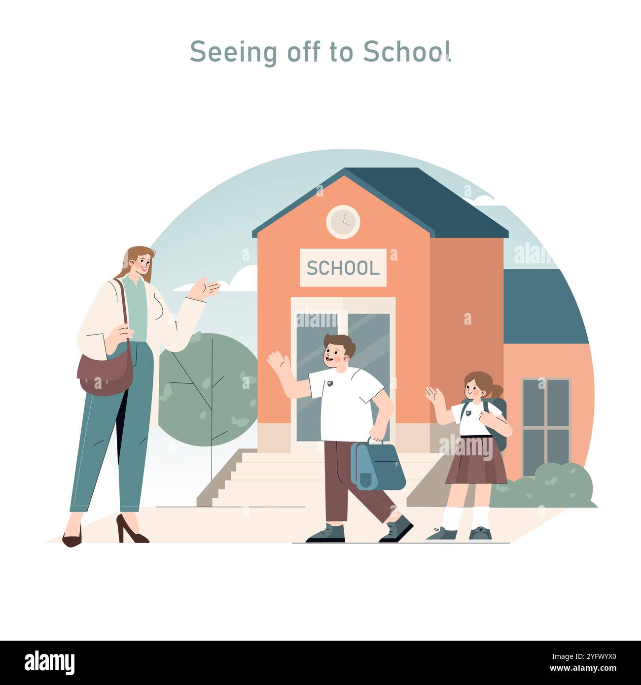 Morning school routine depiction with a mother waving goodbye to her ...
