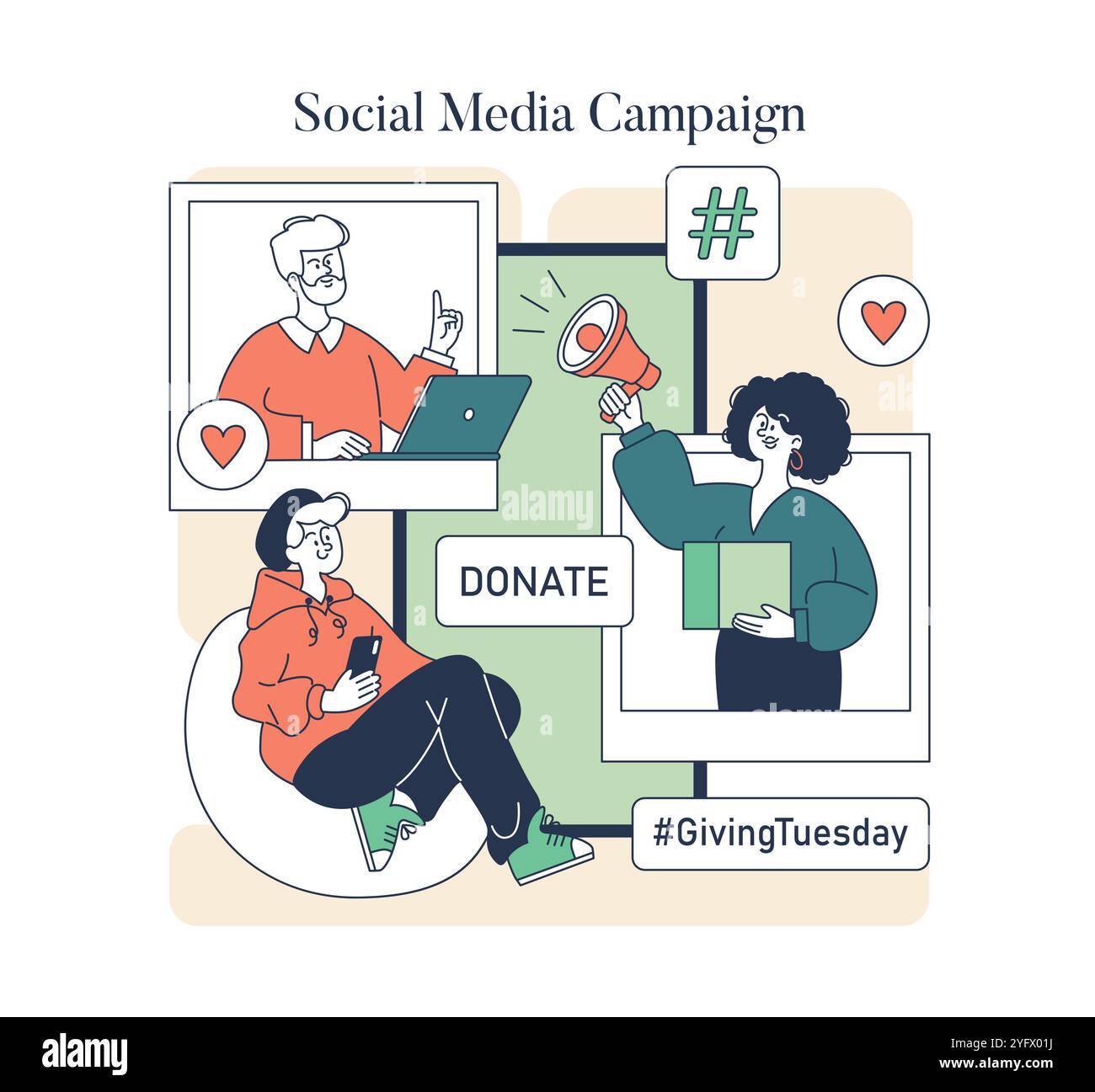 Giving Tuesday concept. Characters engaging in a charity-focused social ...