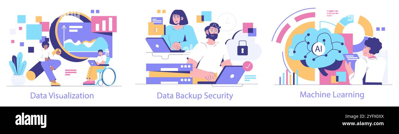 Data Science set. Professionals engaging in data visualization, securing backups, and exploring ...
