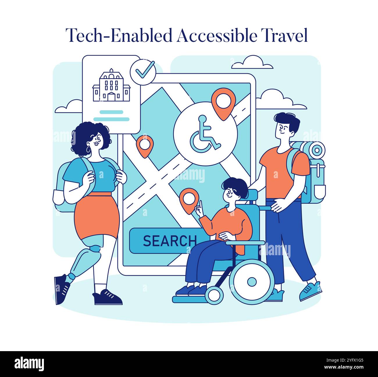 Accessible Travel concept. Illustration of travelers using technology ...