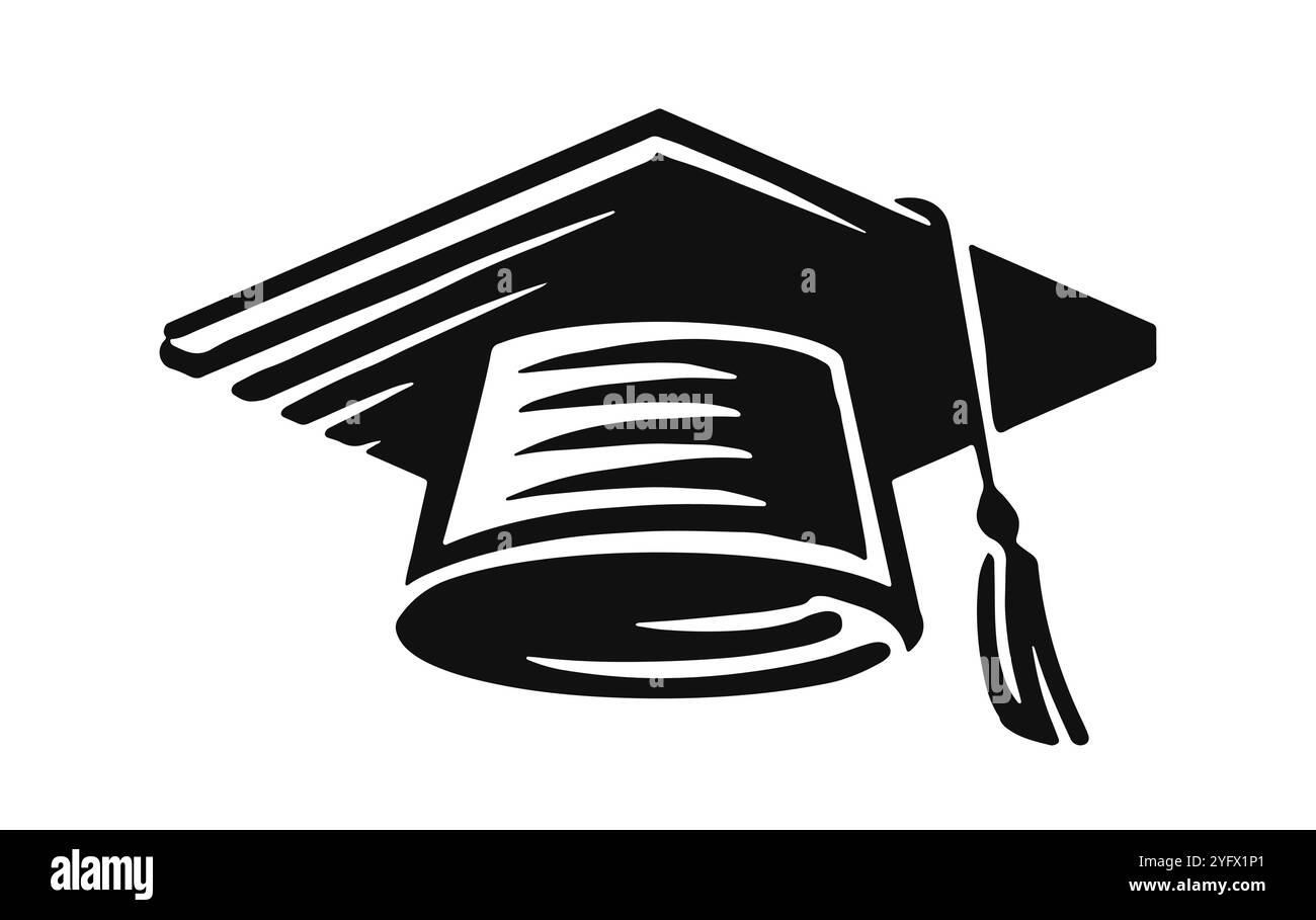 Graduation hat symbol. Student cap, black and white drawing. Education, studies icon Stock ...