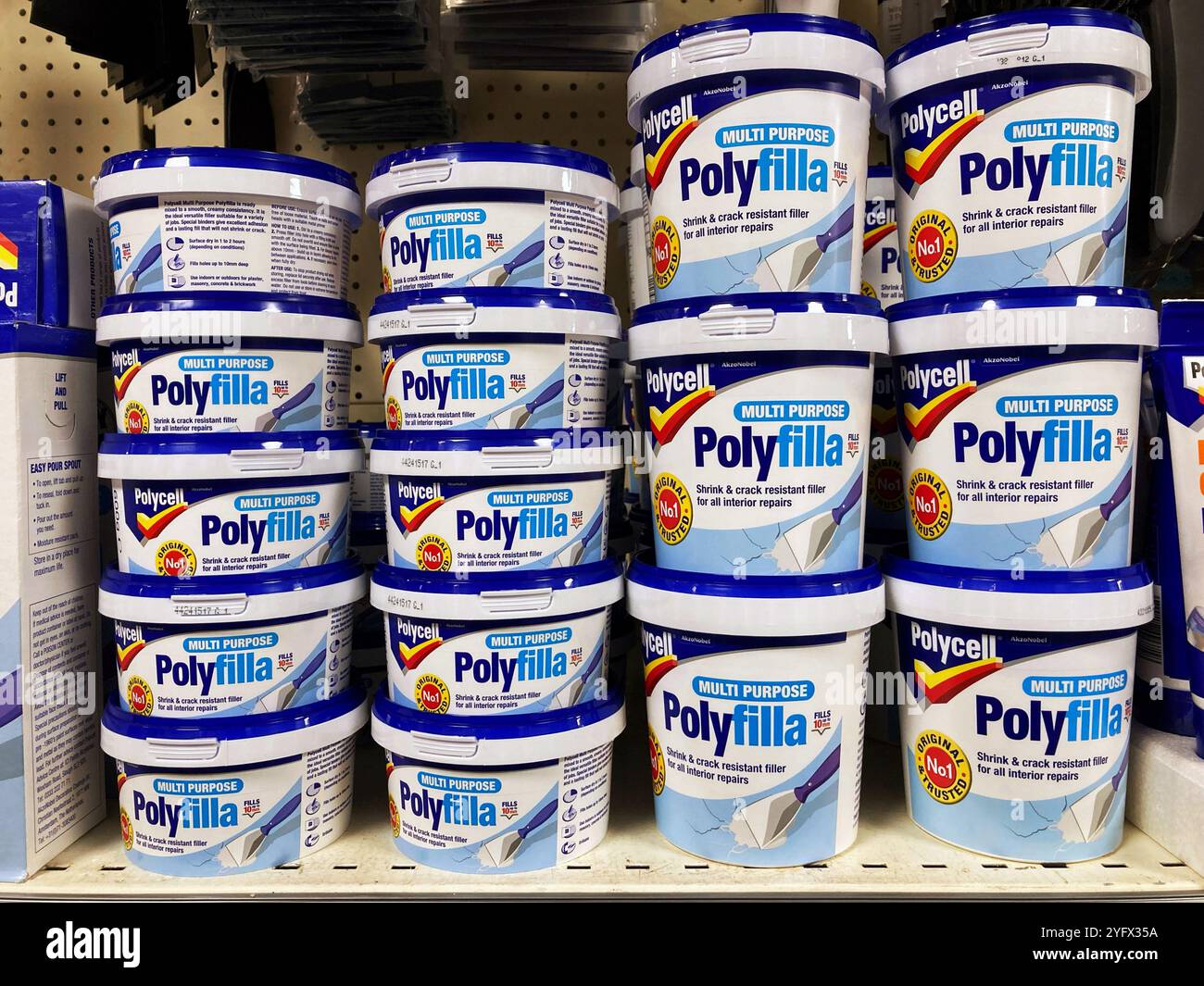 Shelves of multi purpose Polycell Polyfilla for sale at the local DIY ...