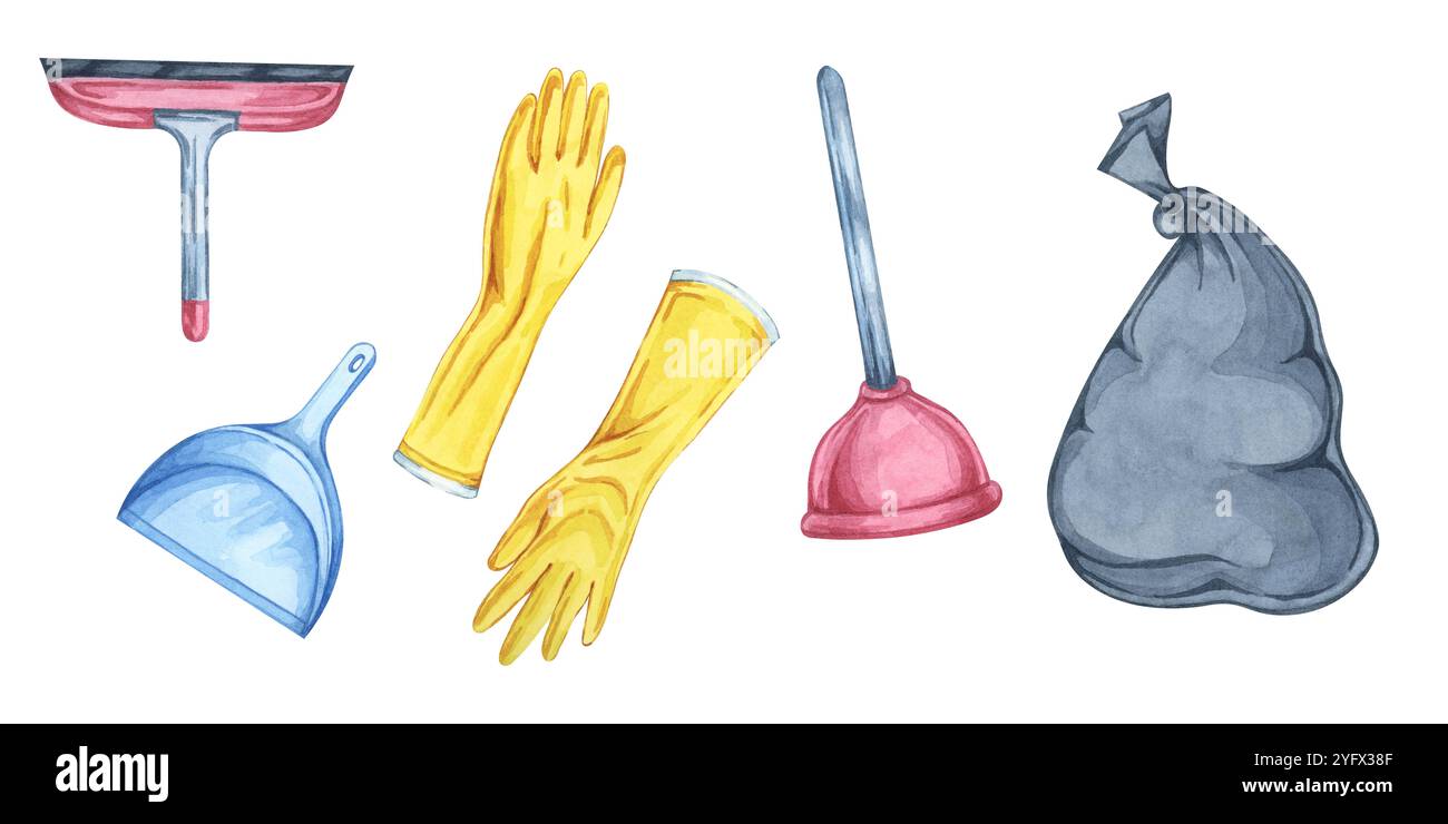 Set of cleaning tools and trash bag. Yellow rubber gloves, dustpan ...