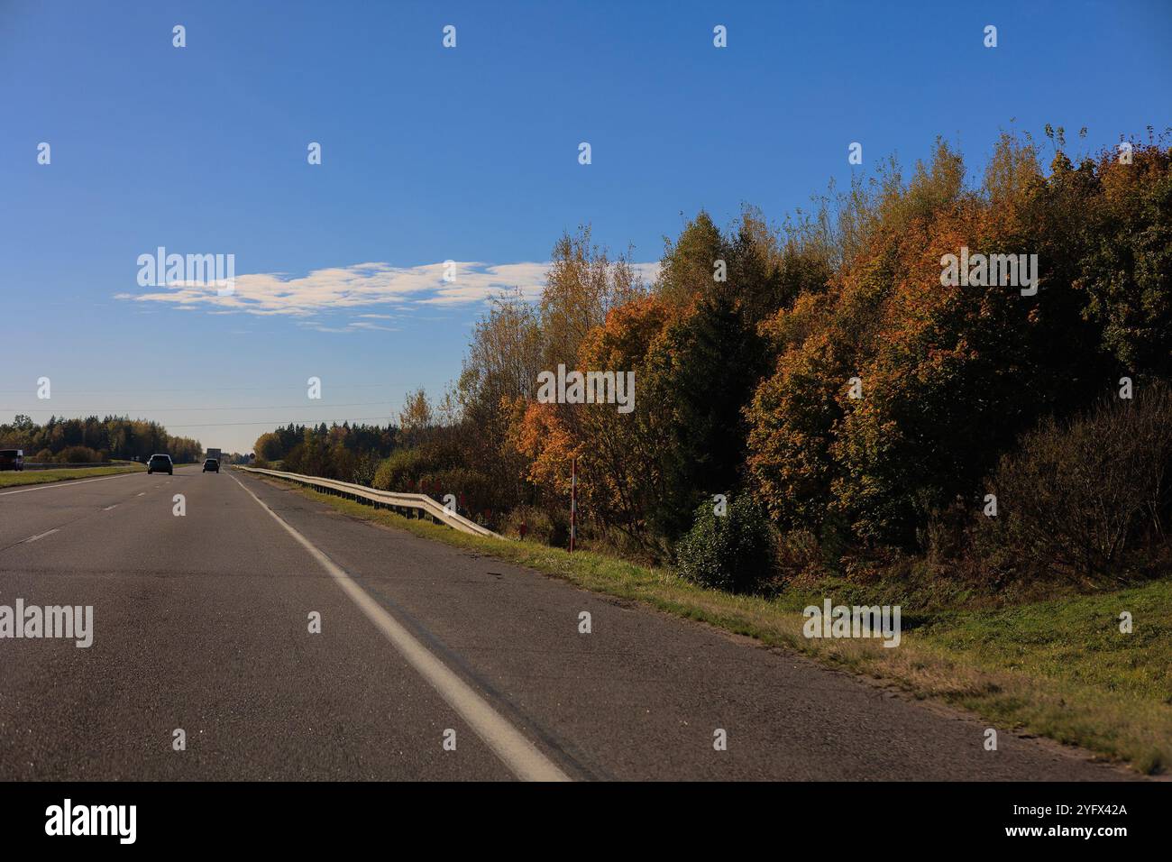 Evening view at sunset. Highway road in the countryside, roadside and ...