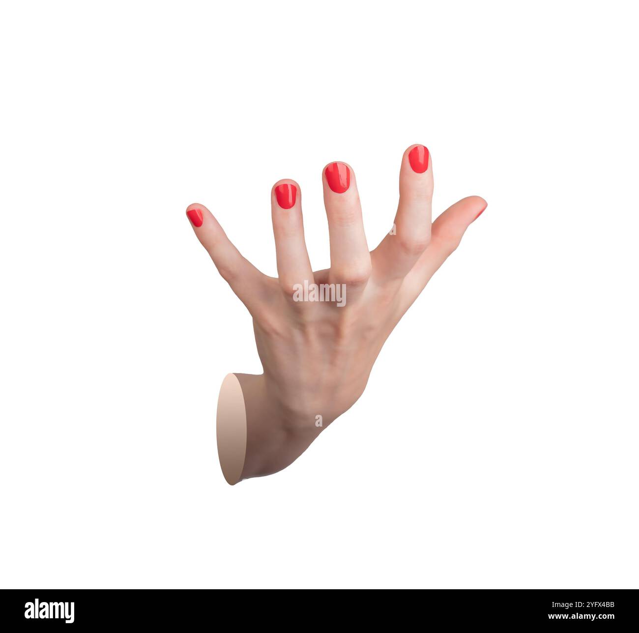 single hand with red-painted nails, fingers spread wide and reaching ...