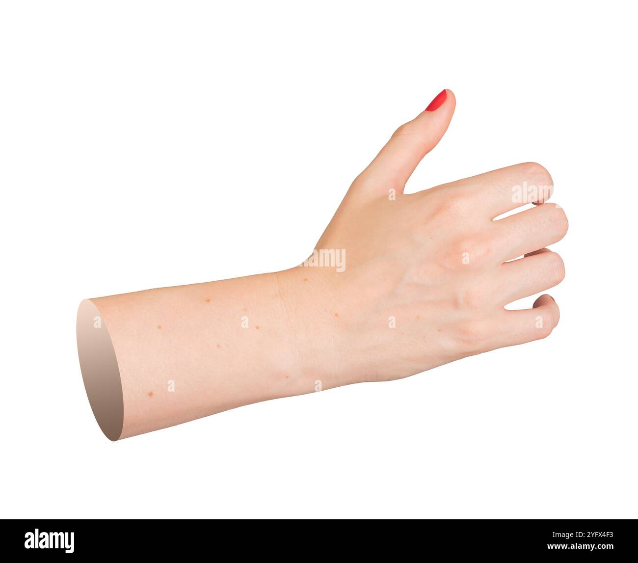 Open female hand in reaching pose, side view, with delicate red ...