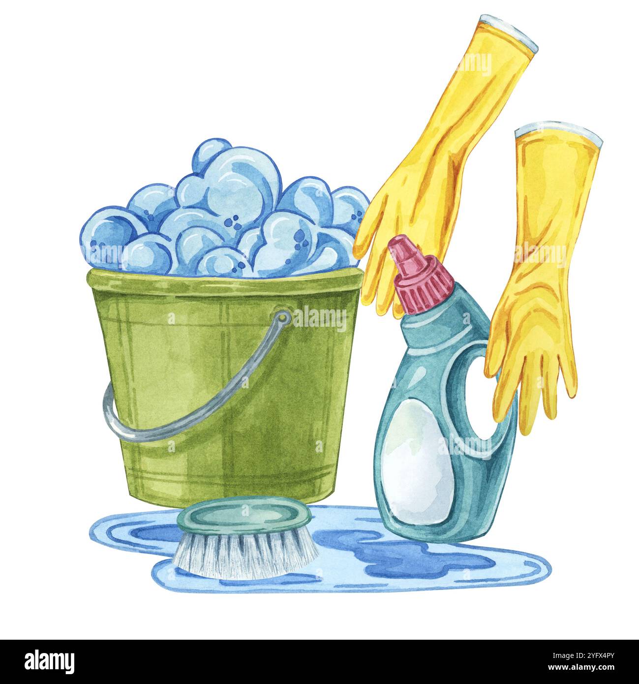 Bucket, rubber gloves, cleaning solution or detergent bottle ...
