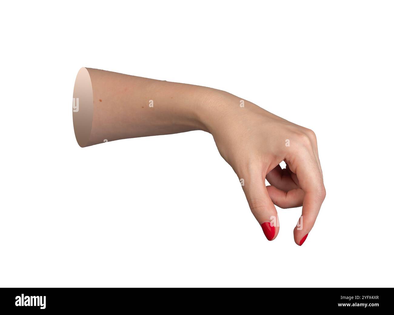 Female hand with red polished nails, holding or showing an invisible ...