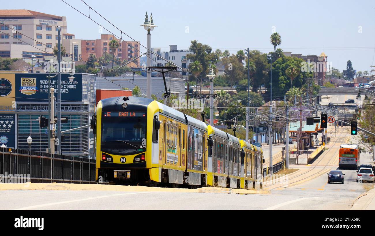 Los Angeles, California: Los Angeles METRO Rail train in downtown Los Angeles. LA METRO is a The ...