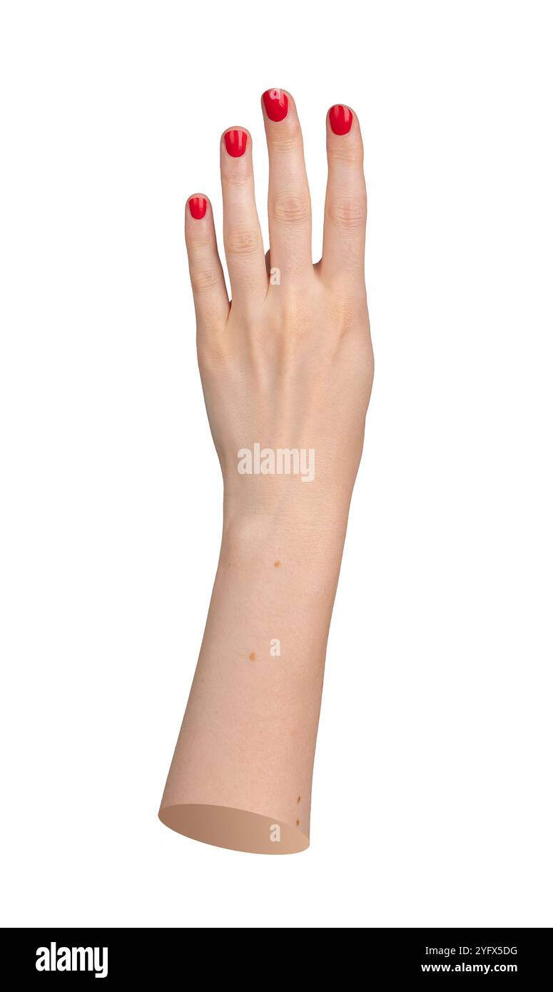 Female hand showing four fingers, with red polished nails. Elegant ...