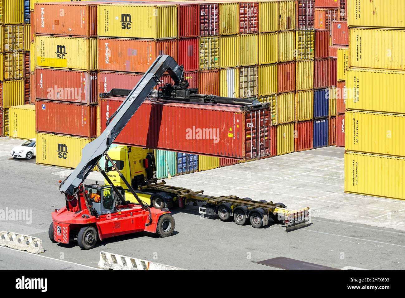 La Spezia, Italy- May 28, 2024: The forklift places the cargo container ...