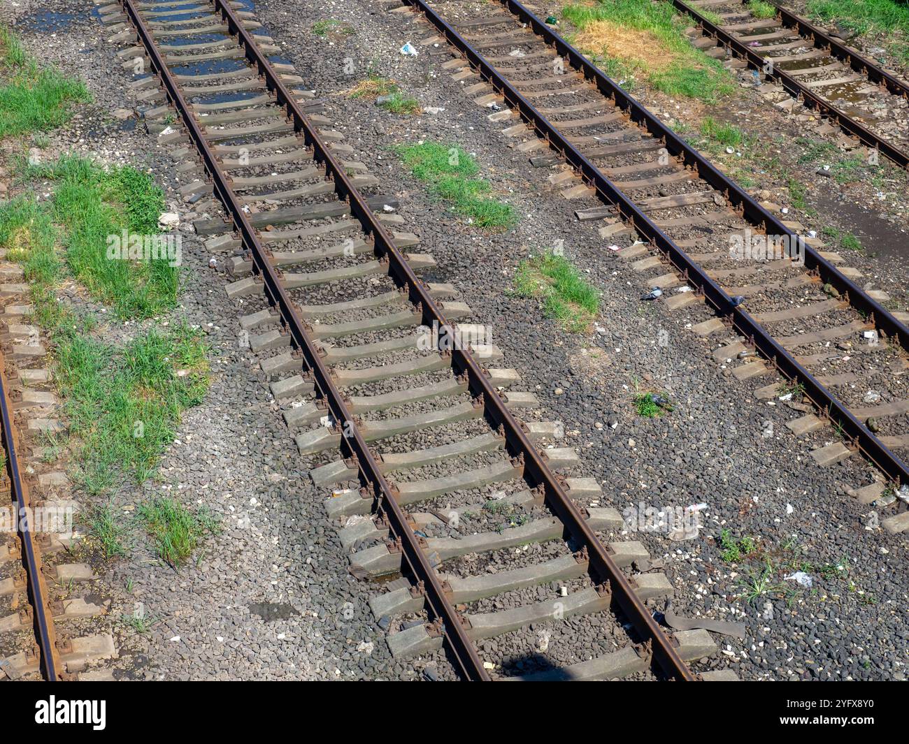 Rails with sleepers. Many tracks. Railway tracks. Railway crossing ...