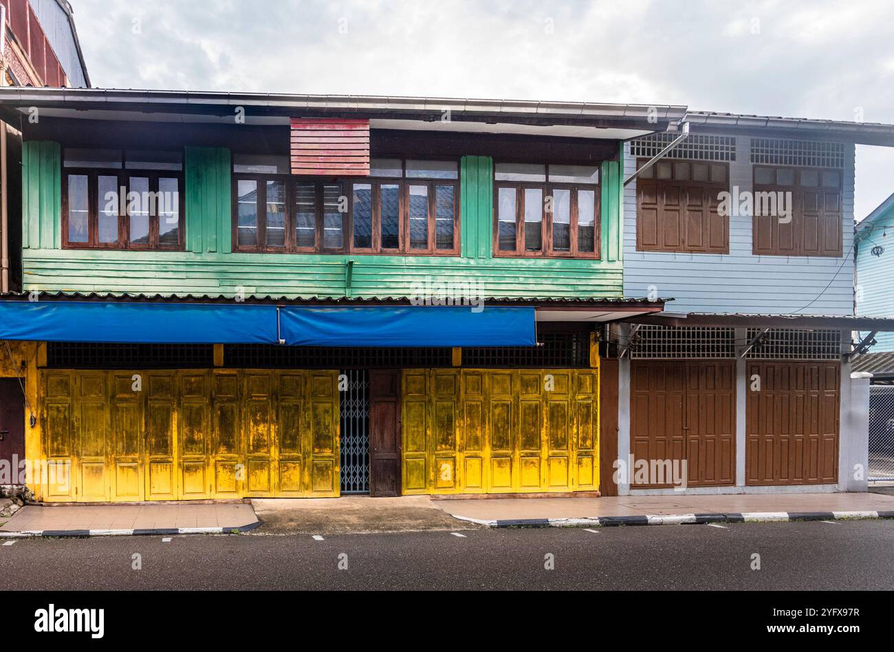 The authentic Thai wooden shophouses in the town of Trat in Thailand ...