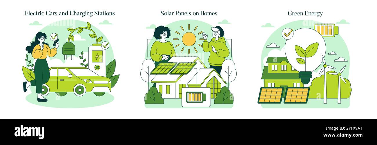 Green Lifestyle set. Sustainable living through electric vehicles, solar energy, and wind power ...