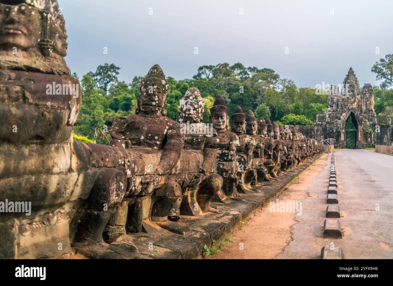 South gate of Angkor Thom in Cambodia with the bridge and the Victory ...