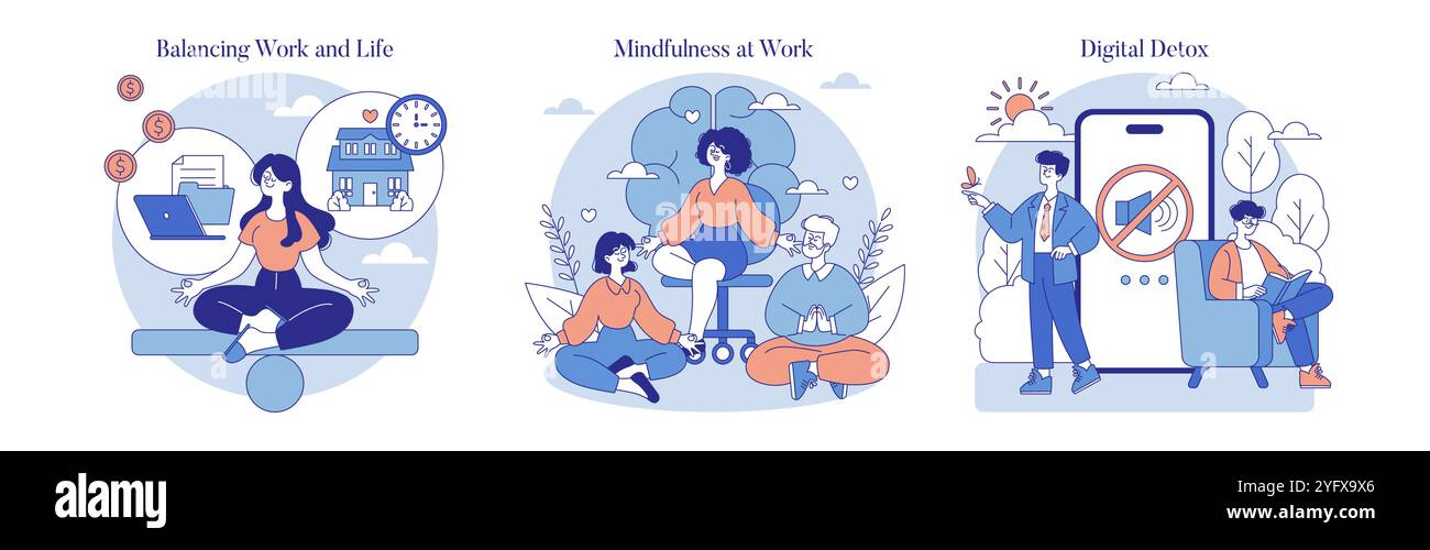 Work Burnout Prevention set. Strategies for life balance, mindful ...