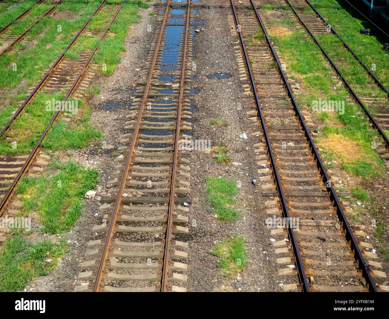Rails with sleepers. Many tracks. Railway tracks. Railway crossing ...