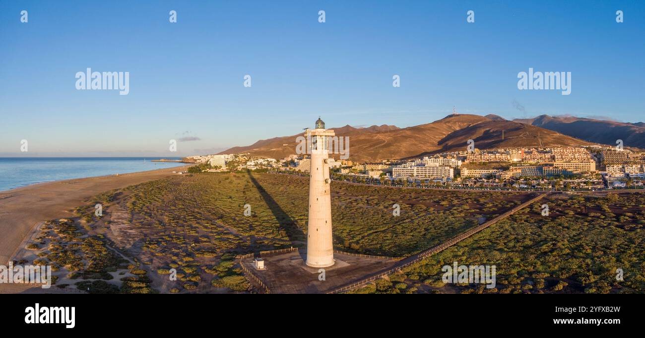 Aerial view of Matorral beach and Morro Jable Lighthouse on ...