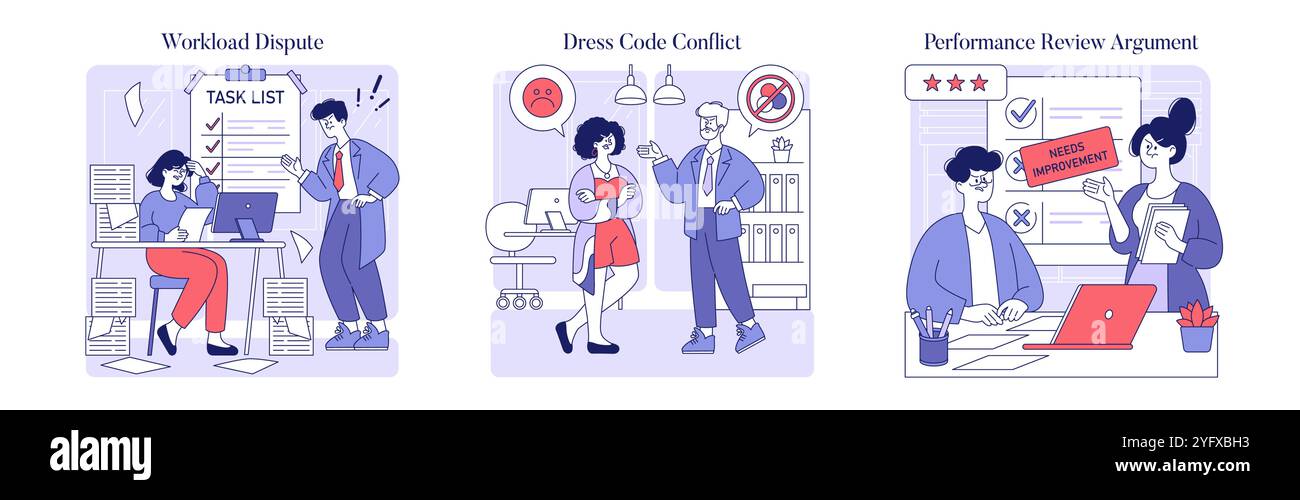 Workplace conflict set. Illustrates common office disputes: workload ...