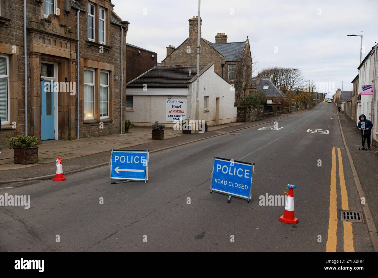 5 Nov. 2024. Castletown, Caithness, Scotland, UK. A boy on a scooter ...