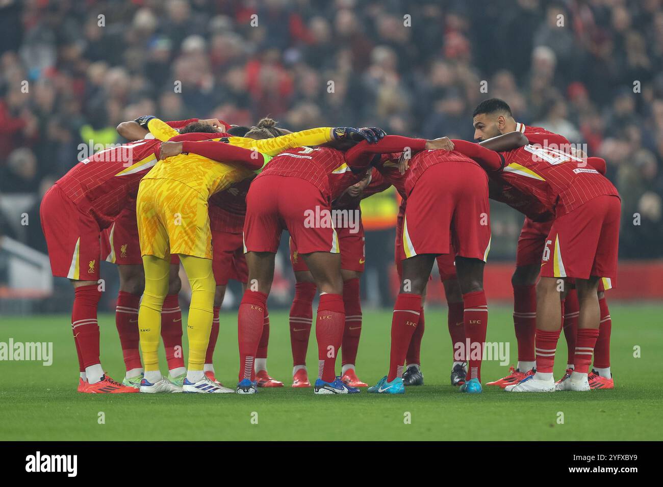 Liverpool team huddle during the UEFA Champions League, League Stage ...