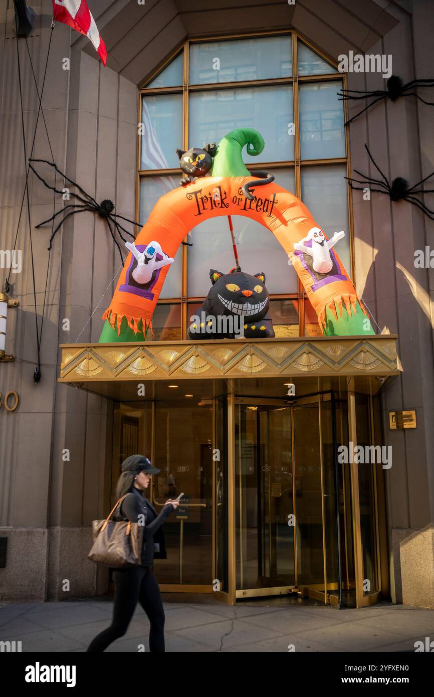 Halloween themed decorations on the canopy of building in Hudson Square ...