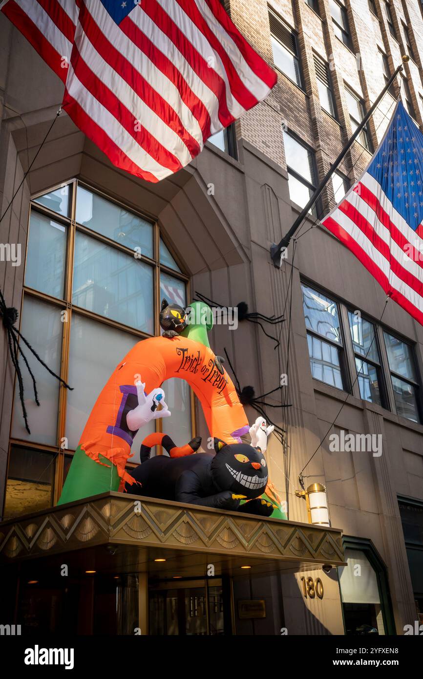 Halloween themed decorations on the canopy of building in Hudson Square ...