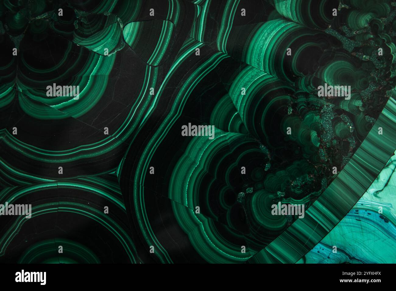 A polished slice of malachite, it is a copper carbonate hydroxide ...