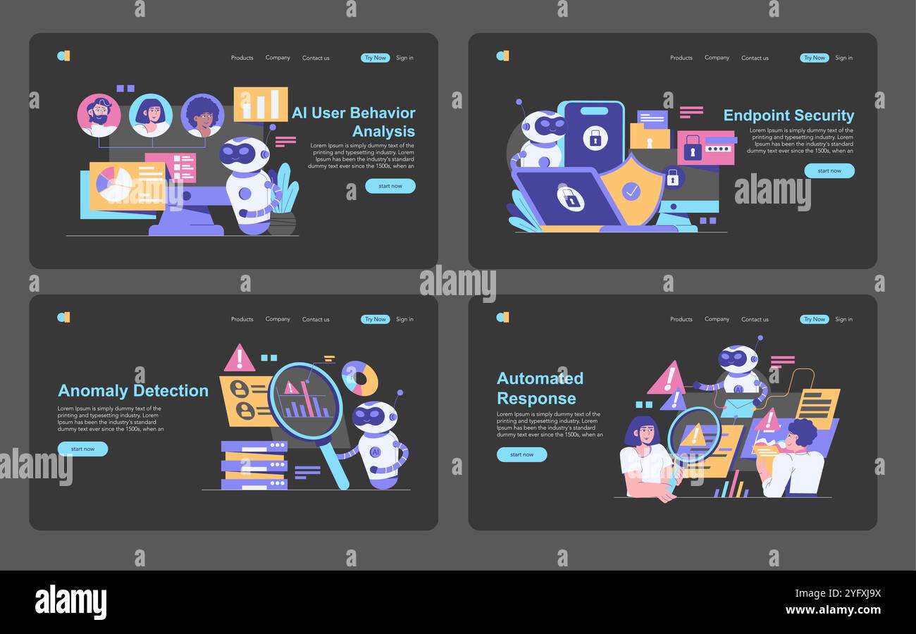AI Cybersecurity set. Illustrating robots analyzing data, detecting ... AI Cybersecurity set. Illustrating robots analyzing data, detecting ...
