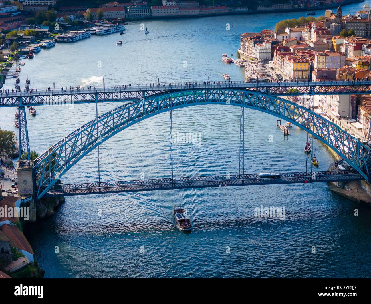 Aerial drone view of Dom Luis I Bridge over Douro river and panoramic ...
