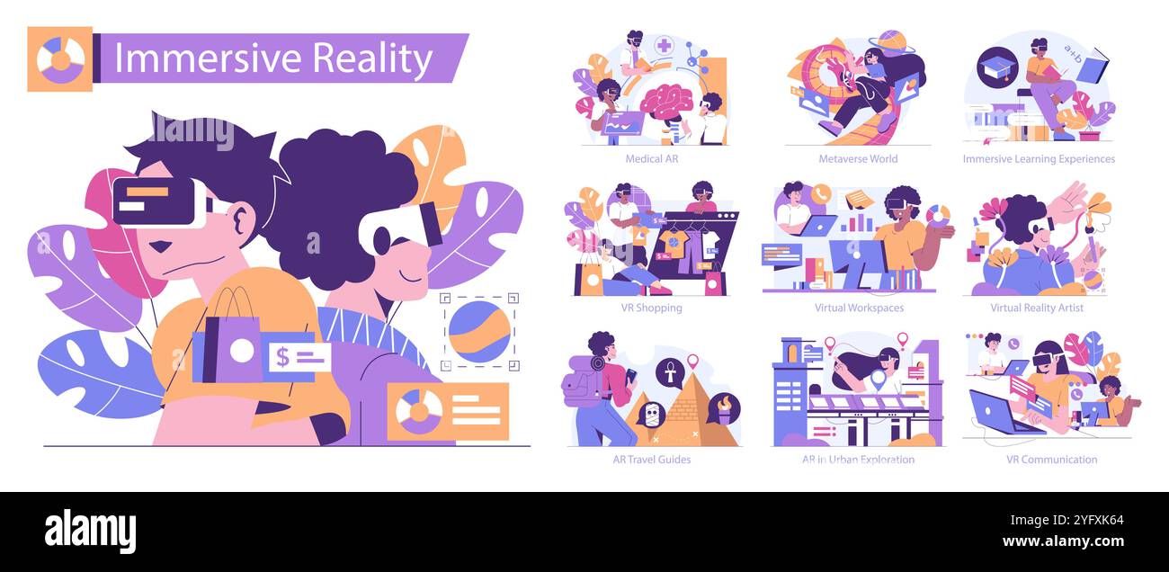 Immersive Reality set. Exploring various virtual reality applications ...