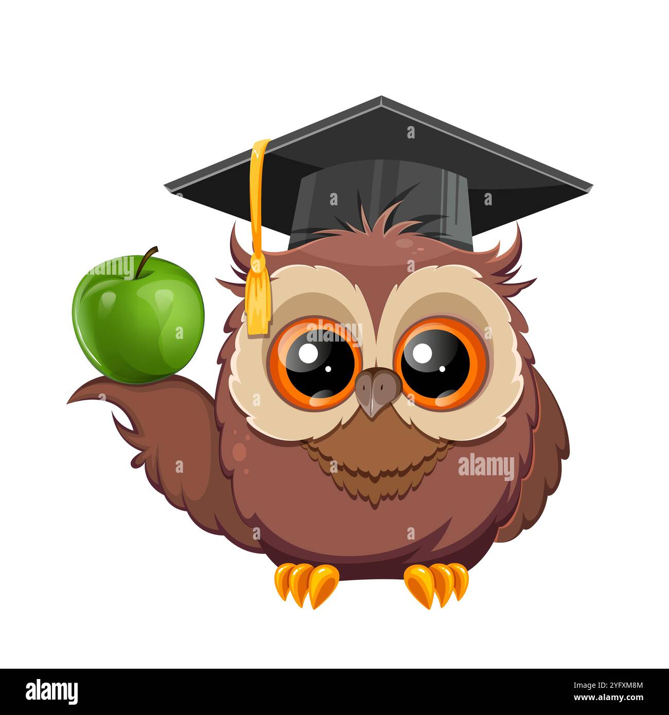 Wise owl in graduation cap holding green fresh apple. Back to school ...