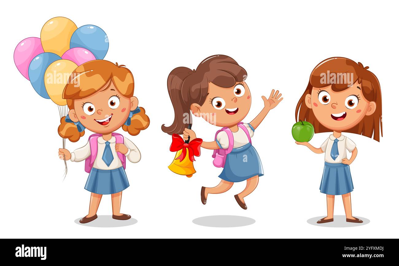 Cute schoolgirl, set of three poses. Cute girl cartoon character ...