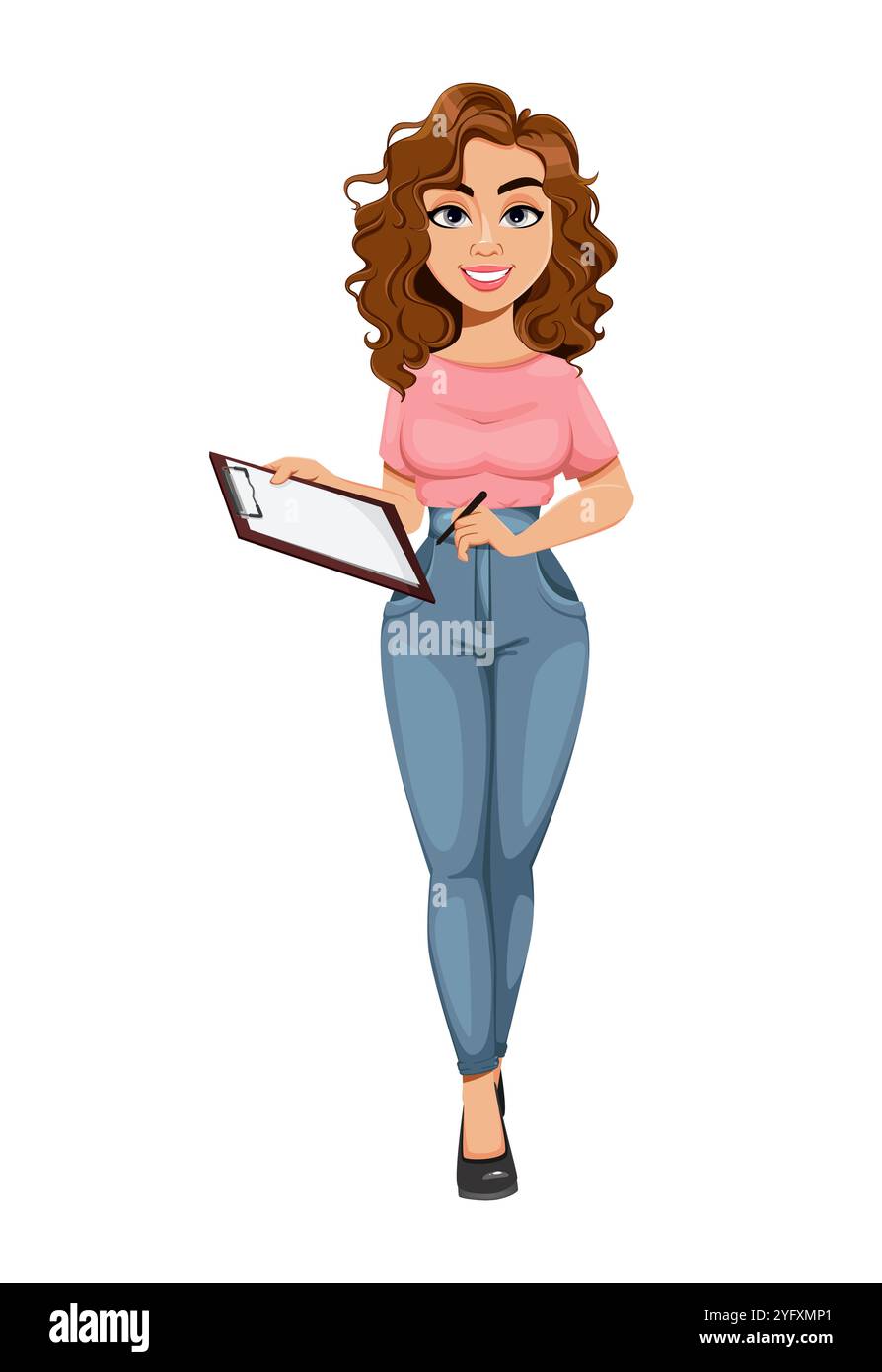 Beautiful business woman making notes. Cute young businesswoman cartoon ...