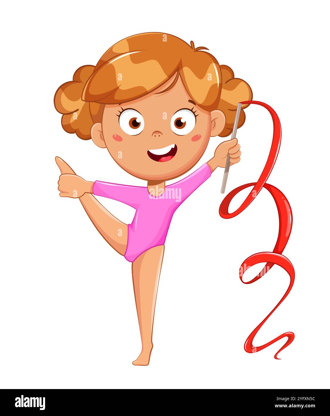 Cute little girl gymnast doing acrobatic exercise with ribbon. Flexible ...