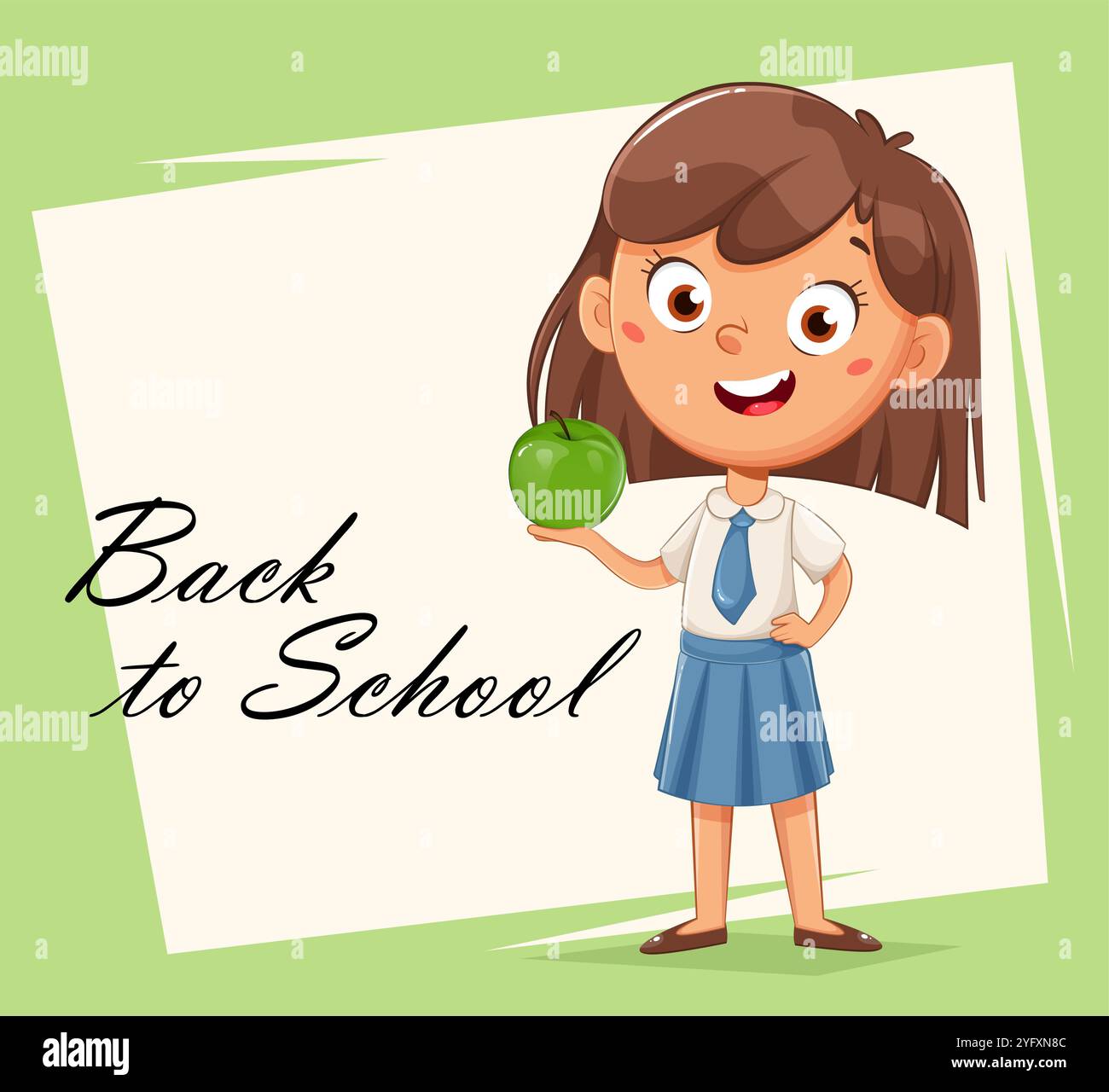 Cute schoolgirl holding fresh green apple. Cute girl cartoon character ...