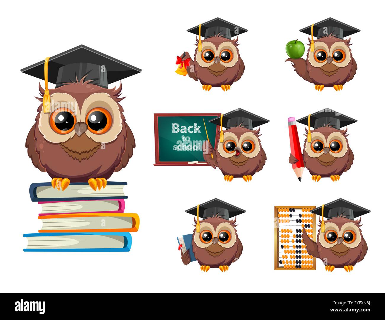 Wise owl in graduation cap, set of seven poses. Back to school greeting ...