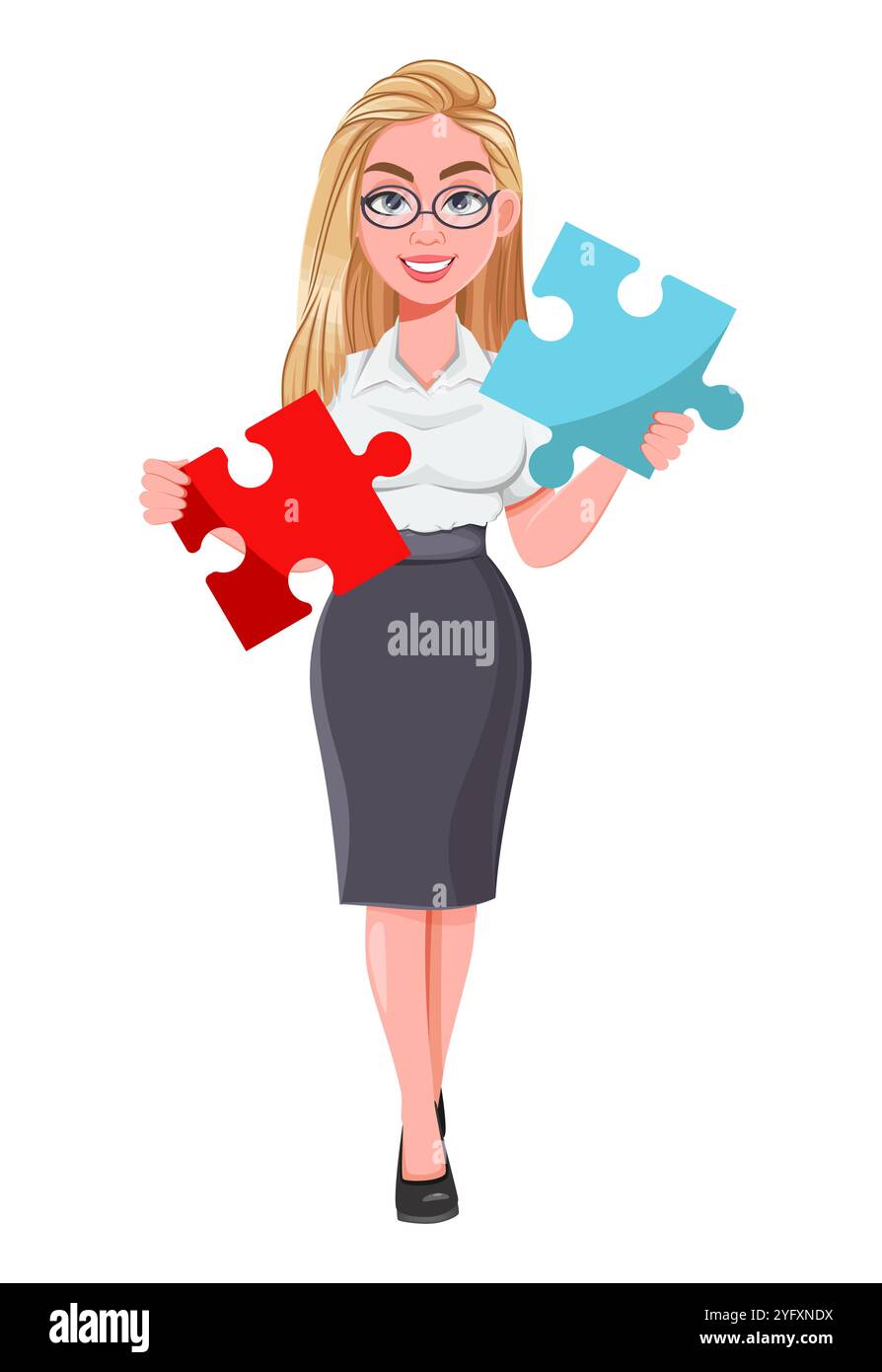 Beautiful blonde business woman solving puzzle. Cute businesswoman ...