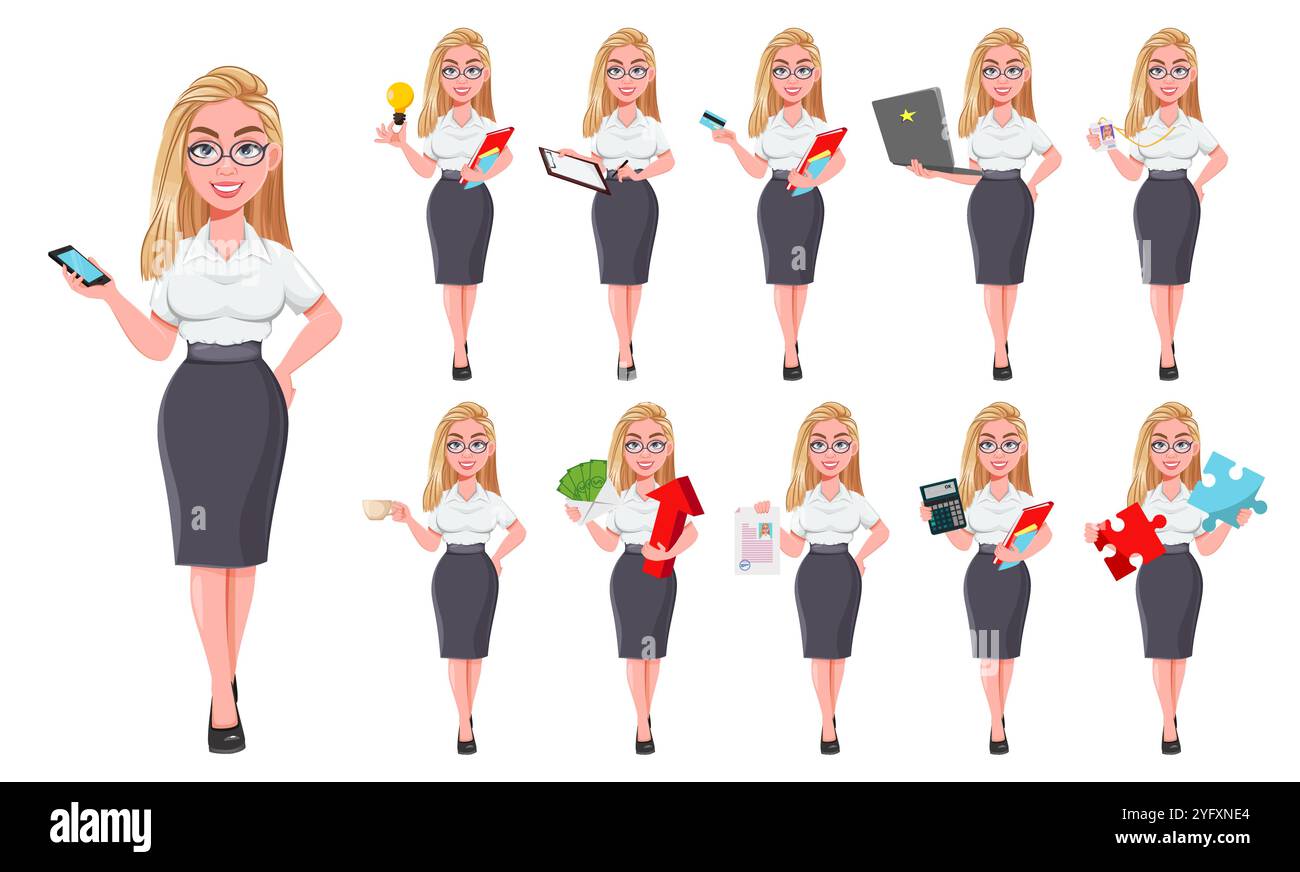 Beautiful blonde business woman, set of eleven poses. Cute ...