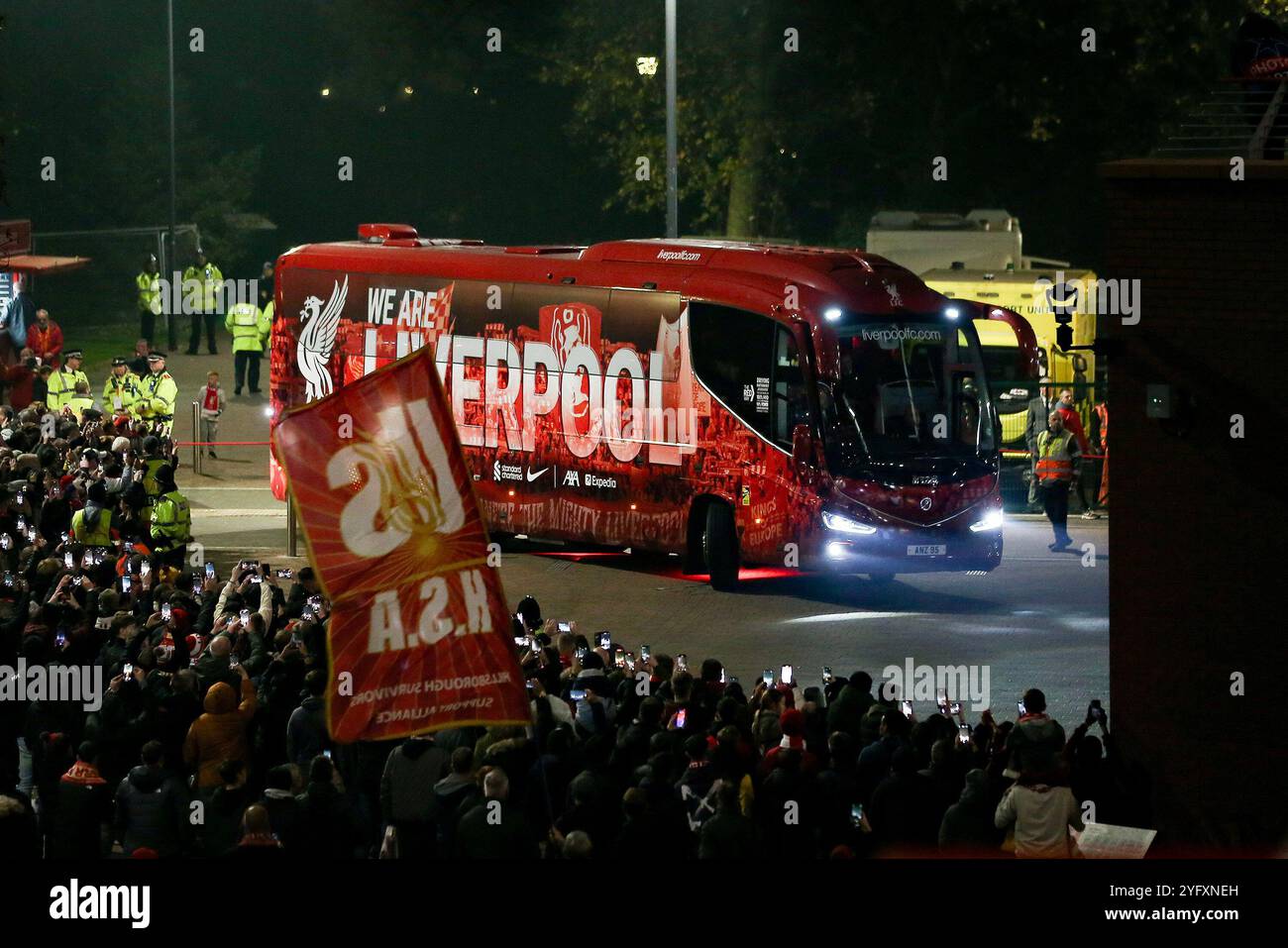 The Liverpool team bus arrives at the stadium. UEFA Champions League ...