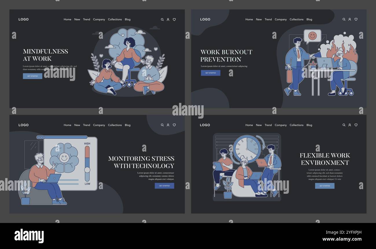 Workplace Wellbeing set. Illustrations depict mindfulness, burnout prevention, stress monitoring ...