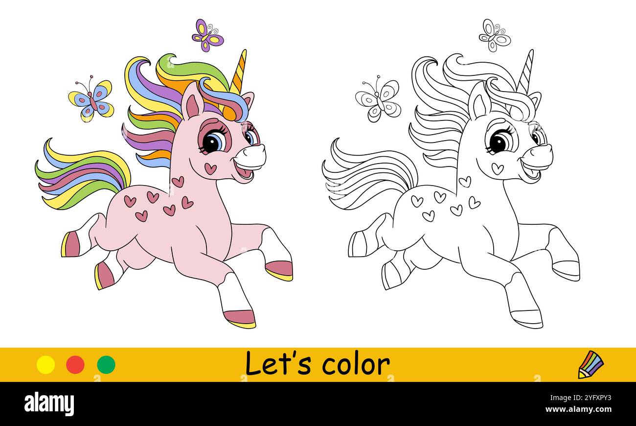 Cartoon cute pink unicorn with butterflies. Kids coloring book page ...
