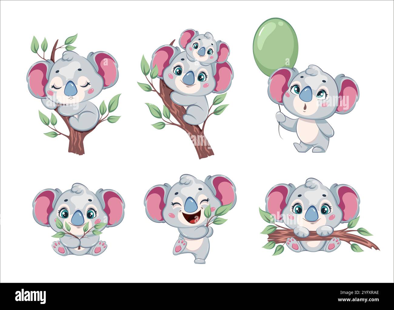 Cute koala, set of six poses. Funny koala cartoon character. Stock ...