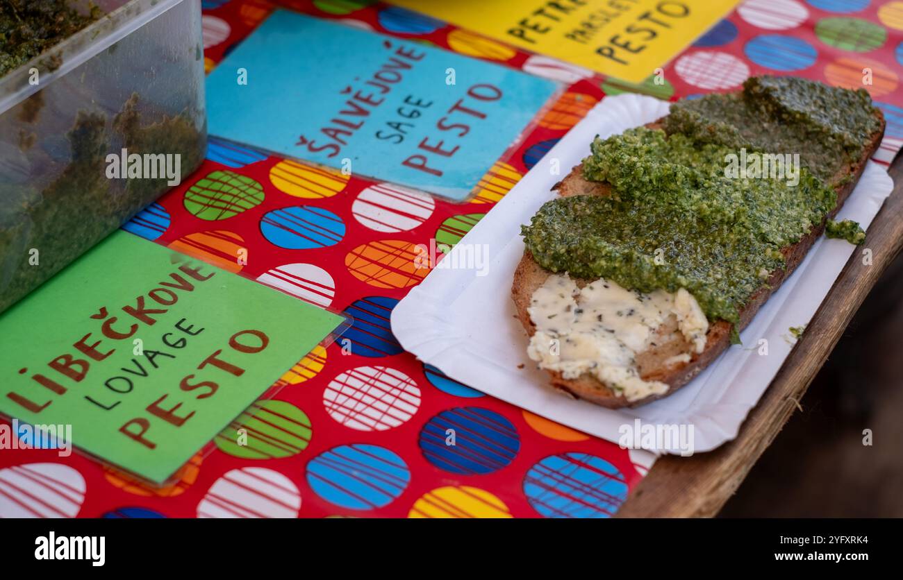 Ppular stall kiosk selling homemade herb pesto on sourdough toast, at ...