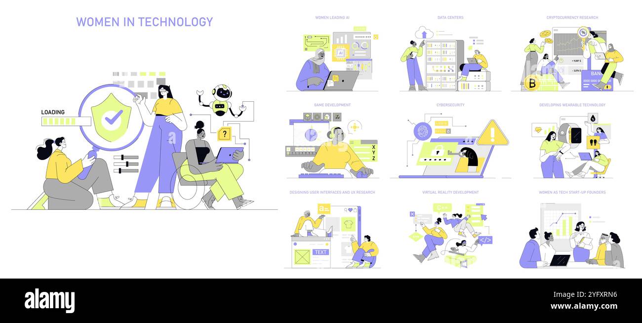 Women in Technology set. Diverse female professionals in tech roles ...